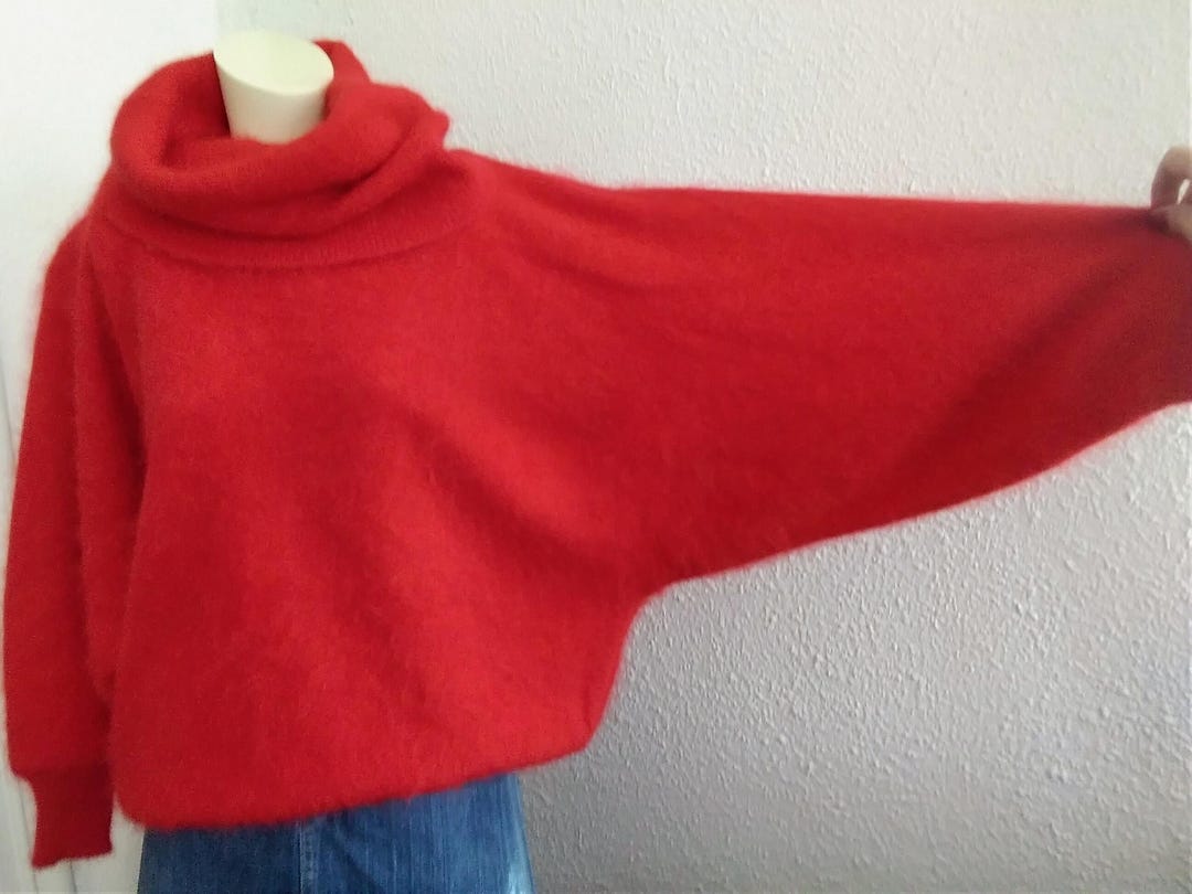 80s Extravagant Angora Sweater Fluffy Red Sweater Dolman Sleeve Fuzzy ...