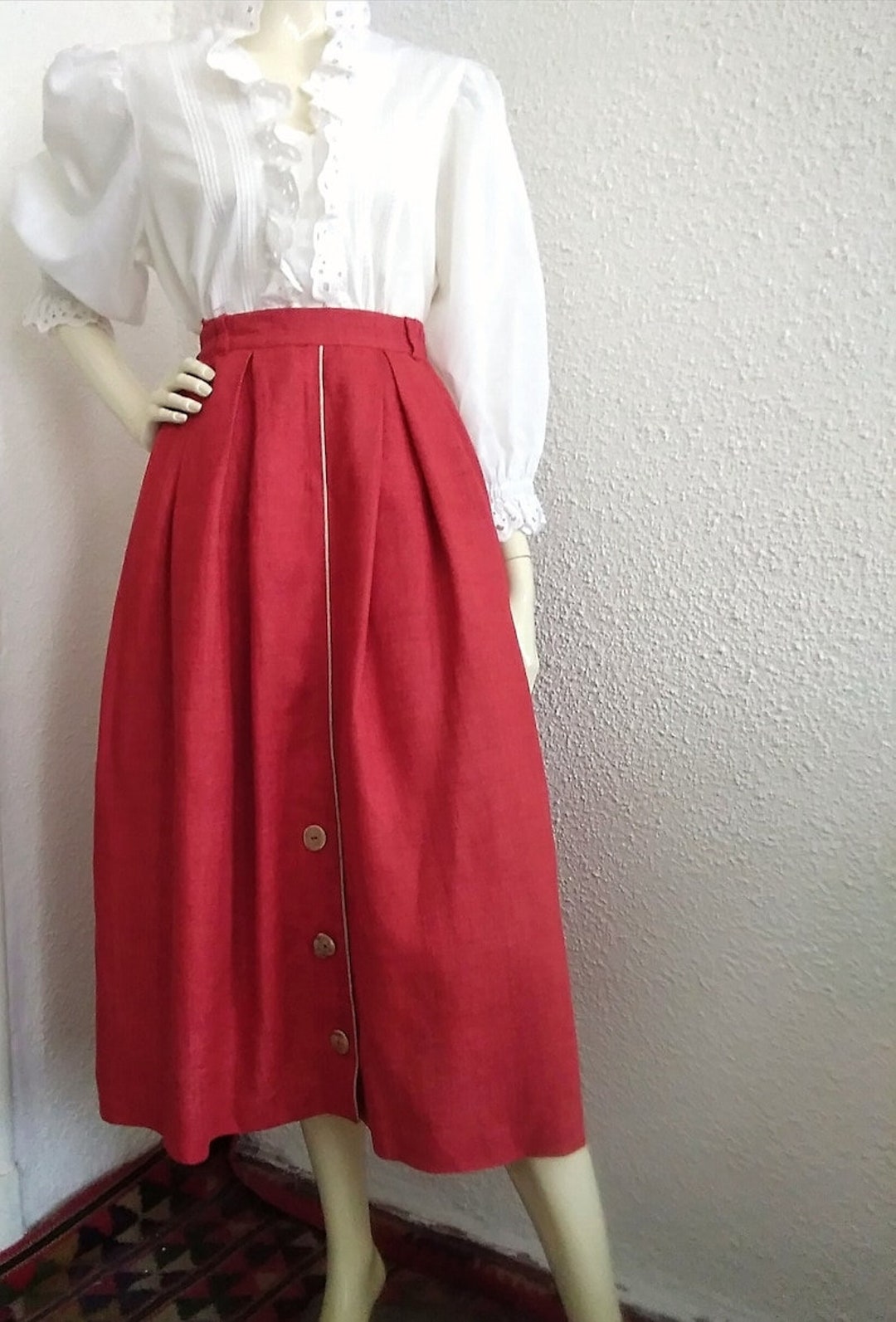80s Folk Tyrolean Skirt 8 US Size Viscose/linen Rustic Skirt Bavarian ...