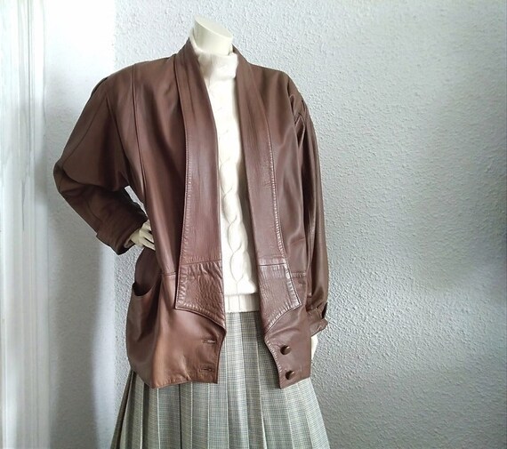 80s leather jacket relaxed fit boxy shape jacket autu… - Gem