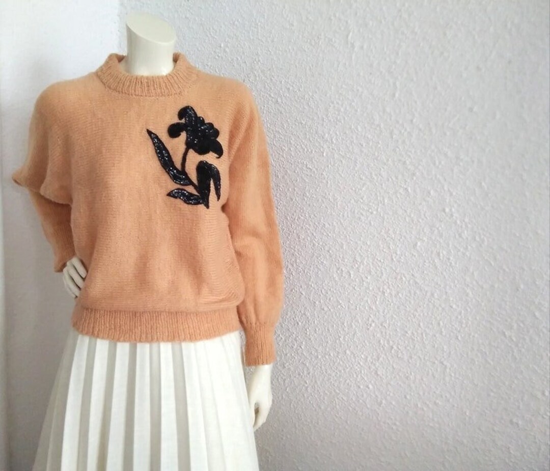 80s Embellished Sweater Pop-art Handknitted Sweater Dolman Sleeve ...