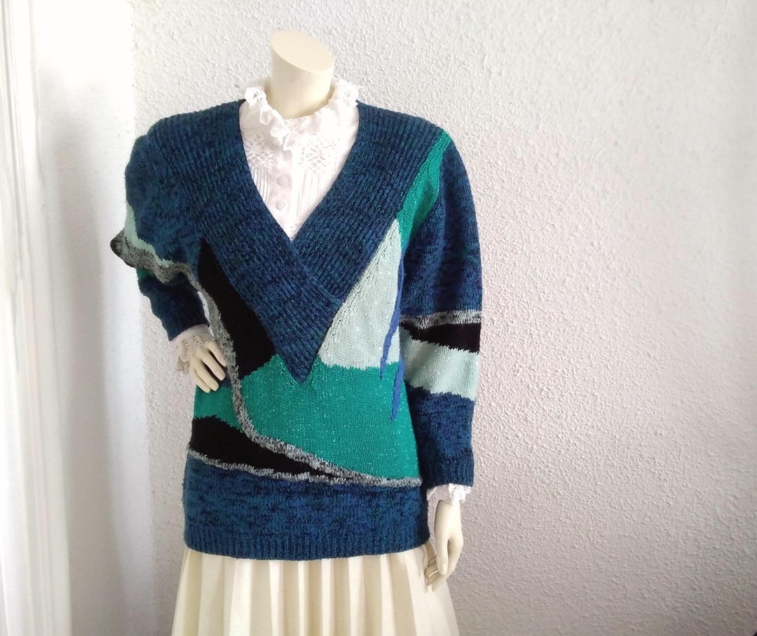 80s LOUIS LONDON V-neck Sweater Colorful Sweater Color Block Jumper ...