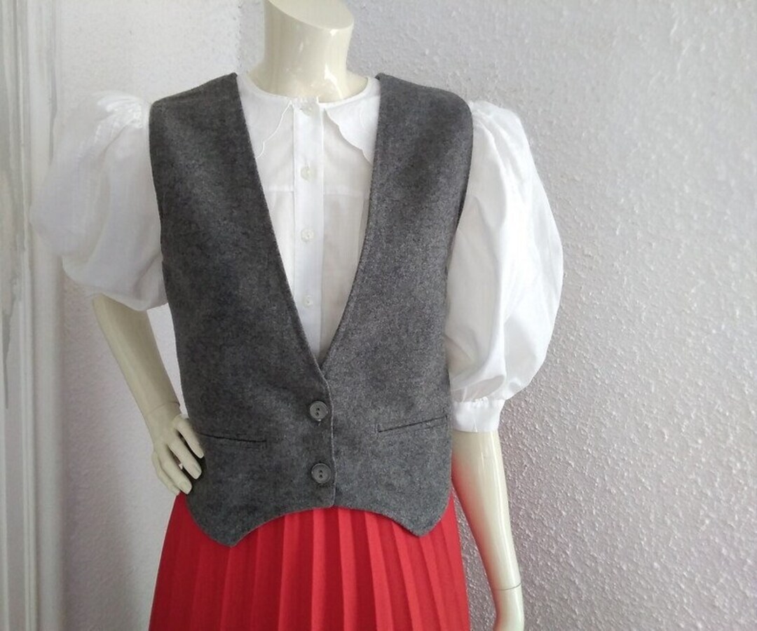 60s Minimalist Vest Grey Neutral Vest Deep V-neck Vest Two Buttons Vest ...