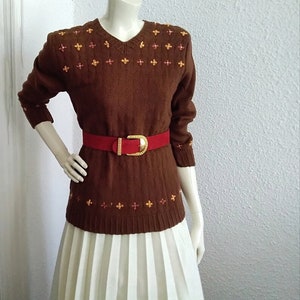 70s Mod Sweater Floral Embroidery Jumper Handknitted Sweater Autumnal ...