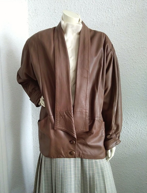 80s leather jacket relaxed fit boxy shape jacket autu… - Gem