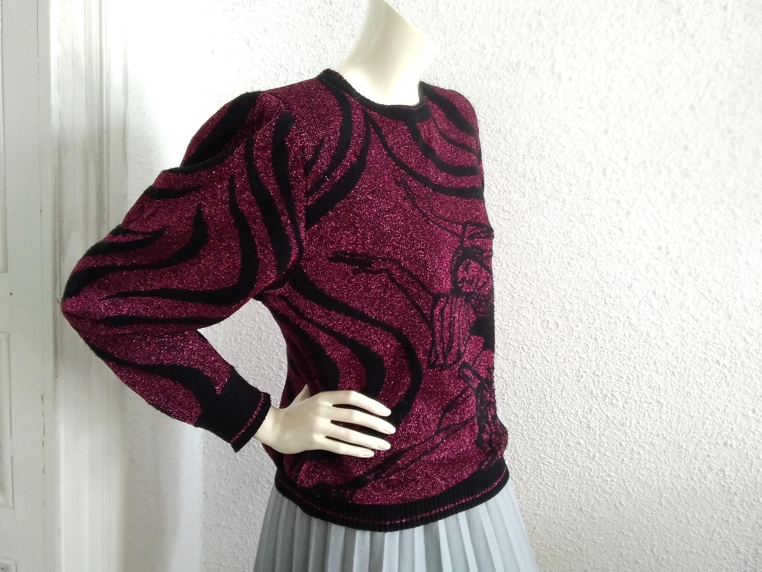 80s Lurex Sweater Puffy Sleeve Elegant Sweater Novelty Pullover Shiny ...