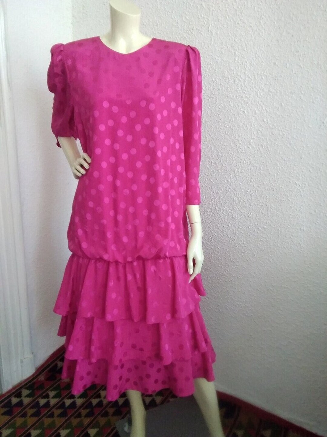 80s Ruffled Dress Low Waist Prom Dress Puffy Sleeve Pink Dress Polka ...