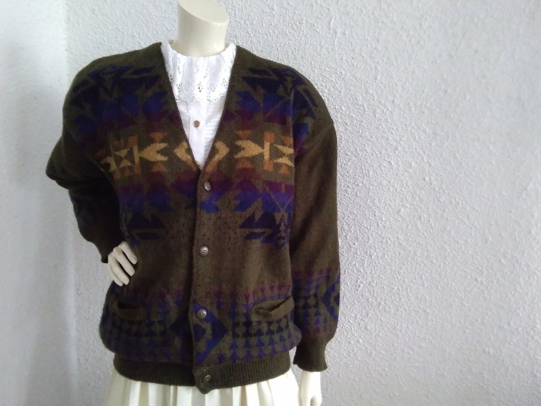 80s Aztec Print Men Sweater Dark Green Cardigan Southwest - Etsy