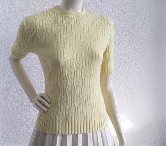 70s retro blouse ribbed top yellow pastel blouse knit… - Gem