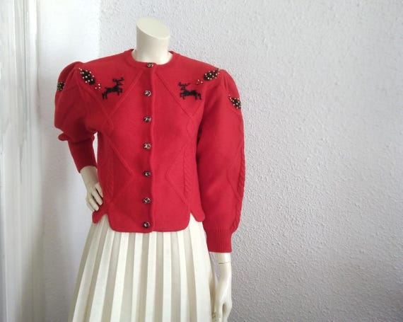 80s red folk cardigan puffy sleeve tyrolean austrian … - Gem