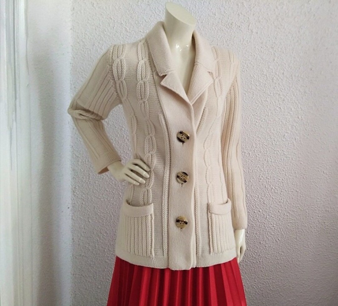 70s Retro Cardigan Cable Knit Cardigan Big Buttons Cardigan Long Knitt ...