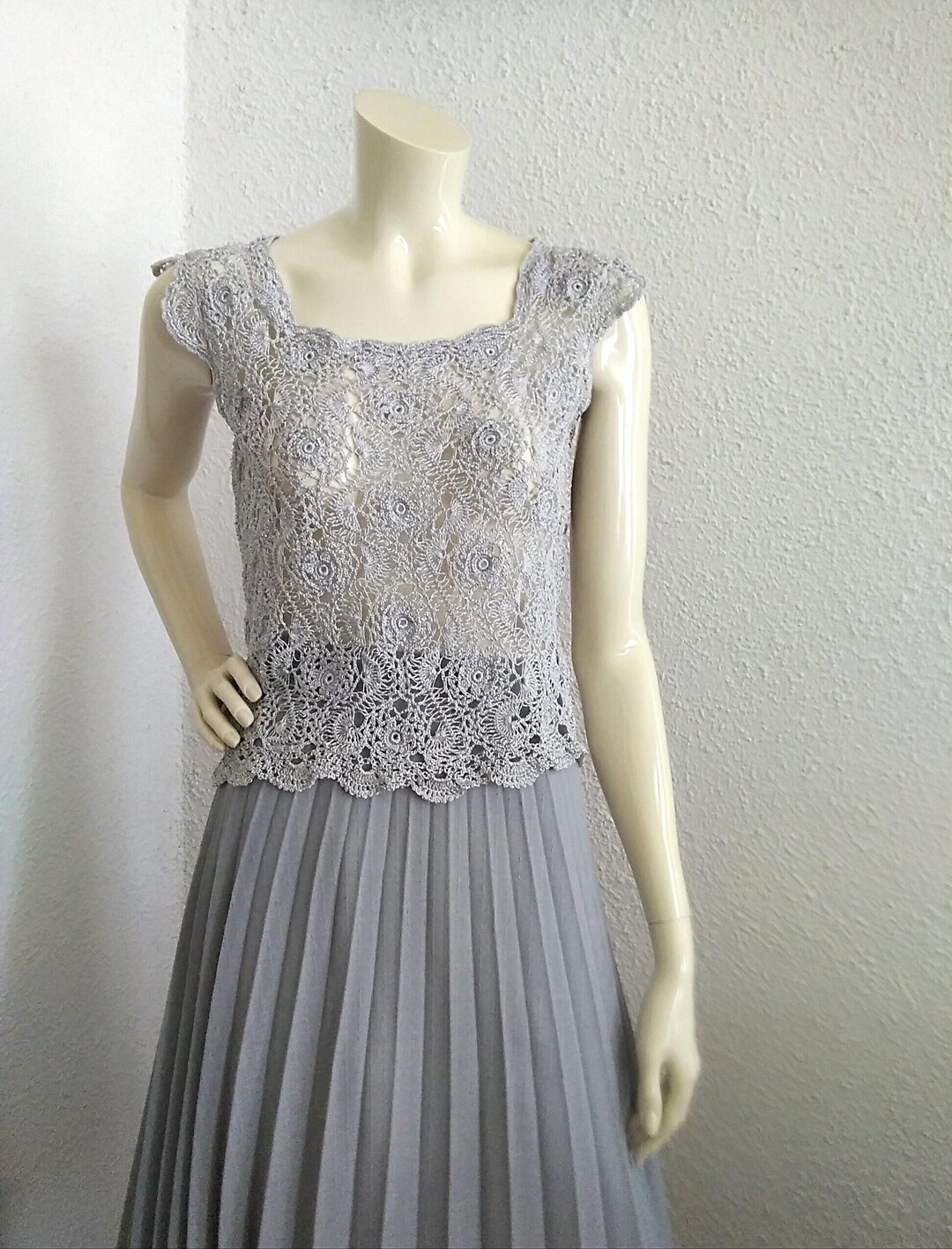70s Lace Knitted Blouse Sheer Minimalist Blouse Neutral Grey Blouse See ...