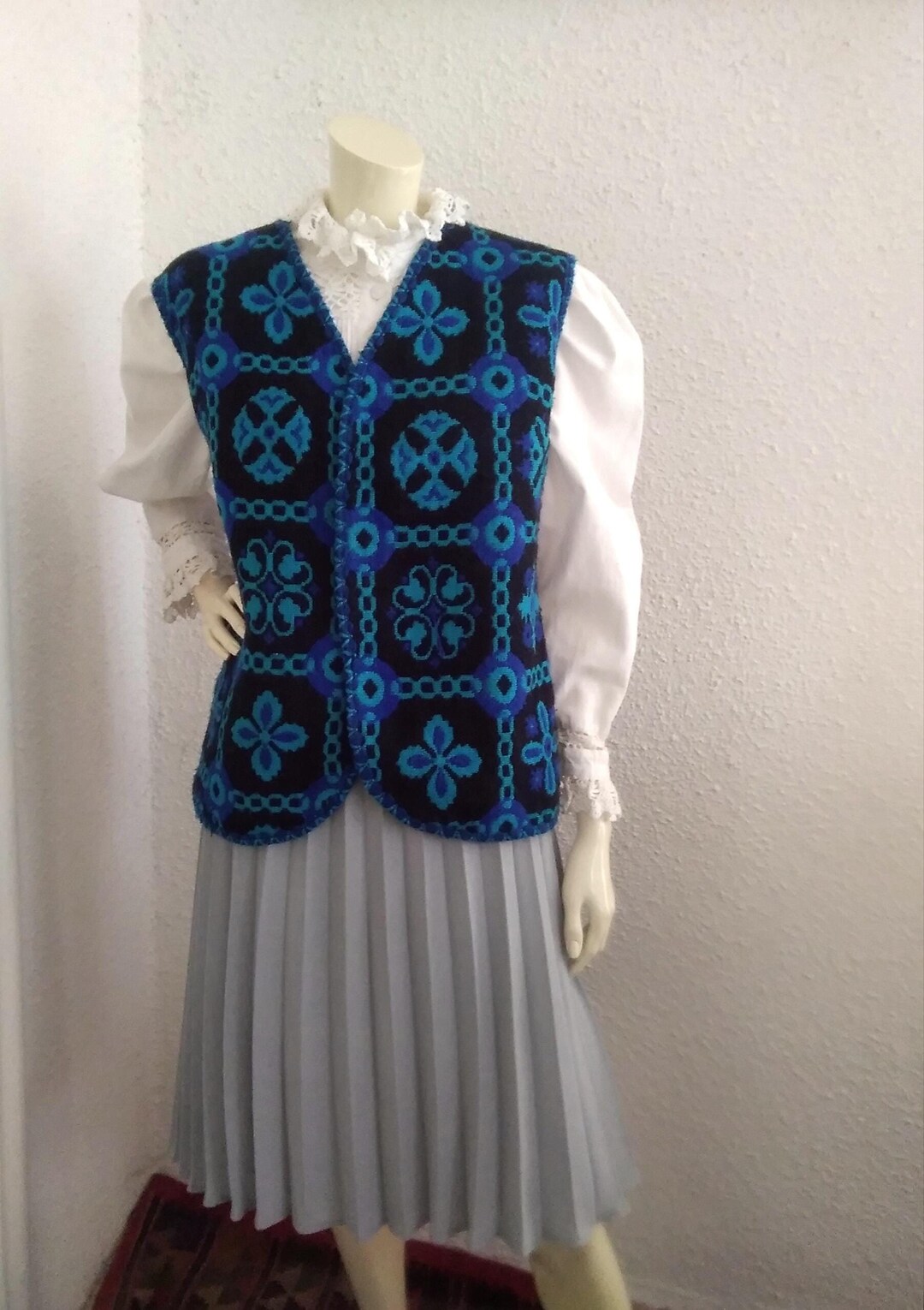 70s Blue Floral Vest Woven Spring Vest Vivid Color Vest Ethnic Vest ...