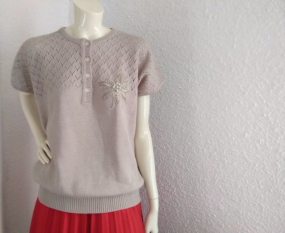 80s Minimalist Blouse Knitted Beige Top Lace Pattern Embroidered Blouse ...