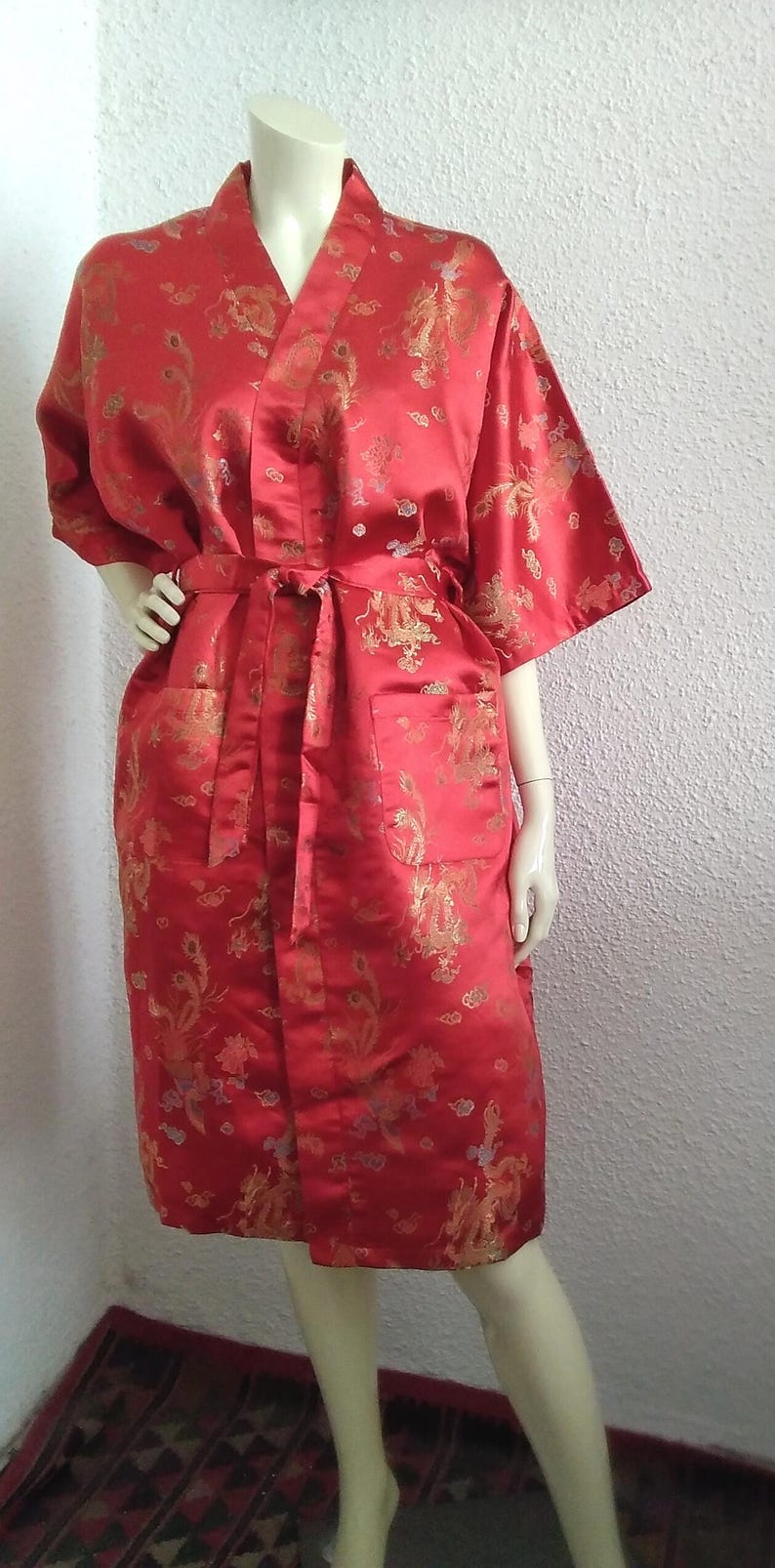 90s Chinese Red Negligee Floral Jacquard Home Dress Wrapped Housecoat ...