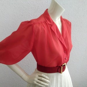 60s Sheer Red Blouse See Through Notched Collar V-neck Blouse Elegant ...