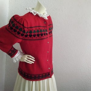 80s Red Folk Cardigan Traditional Peasant Cardigan Puffy Sleeve ...
