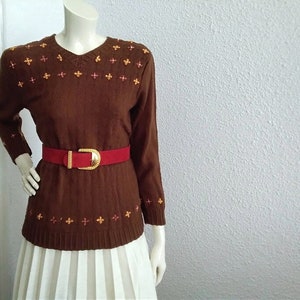 70s Mod Sweater Floral Embroidery Jumper Handknitted Sweater Autumnal ...