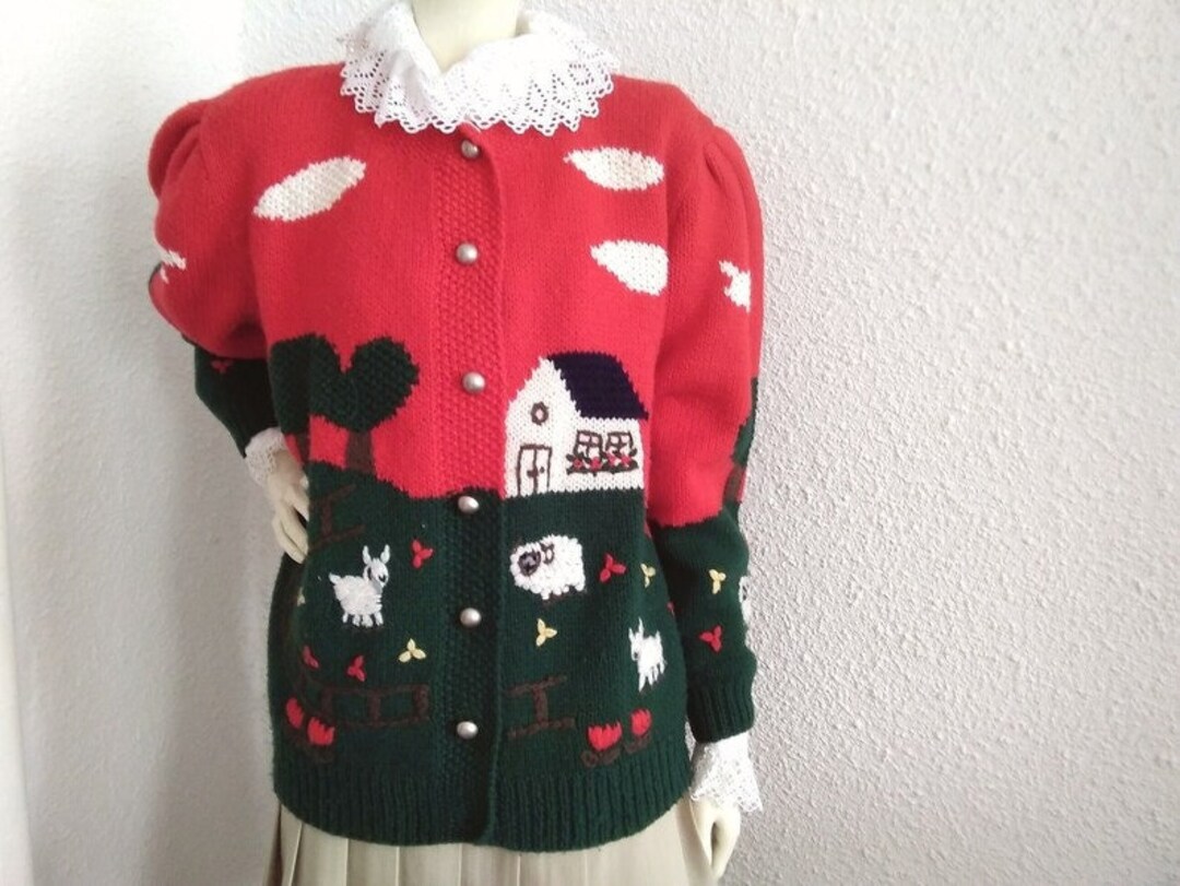 80s Folk Cardigan Novelty Farm House Cardigan Puffy Sleeve Landscape ...
