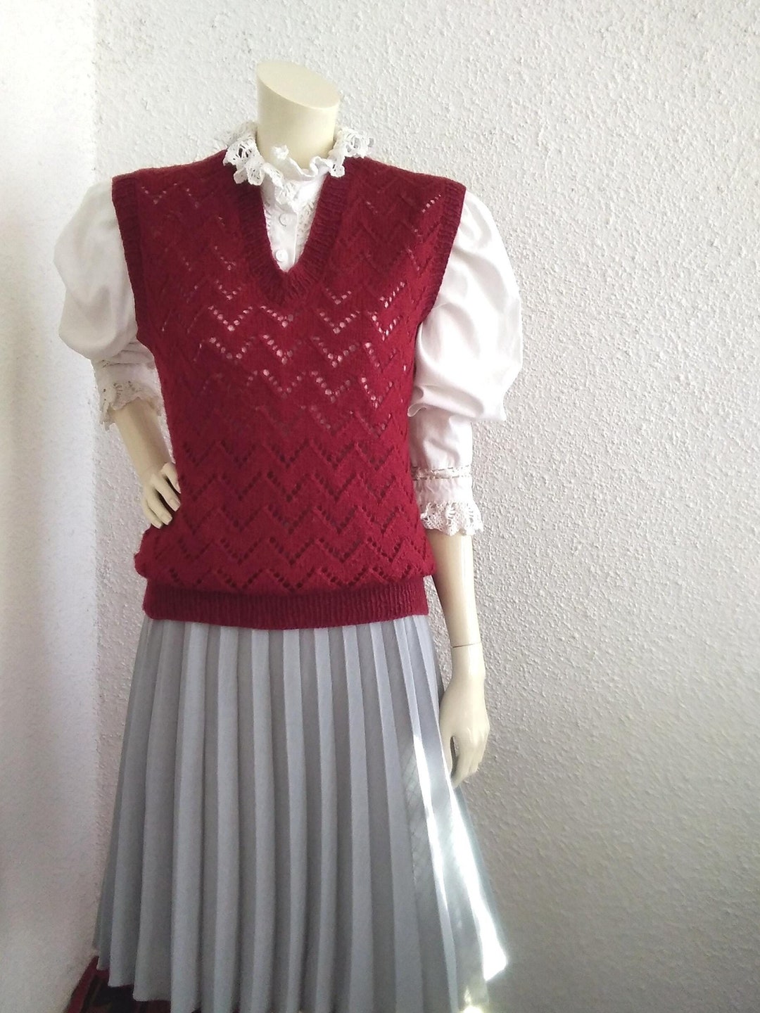 70s Does 50s Knitted Vest Burgundy Spring Vest V-neck Dark Red Vest ...