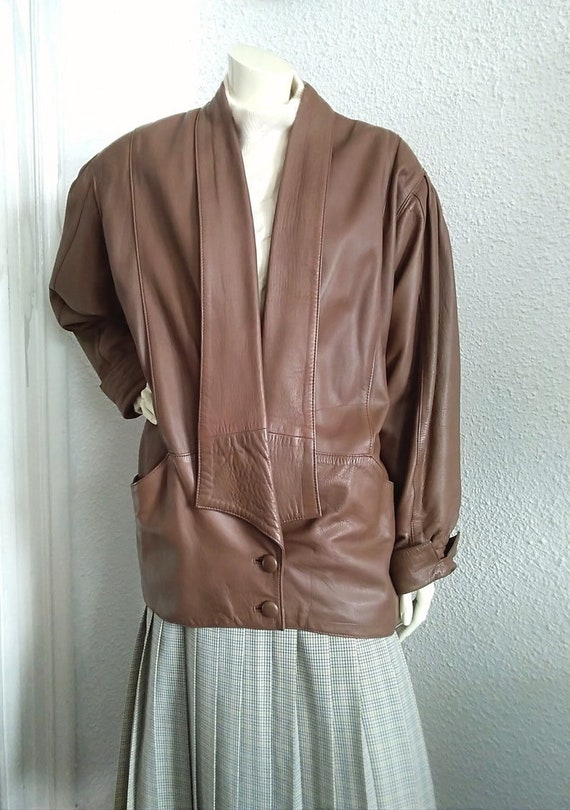 80s leather jacket relaxed fit boxy shape jacket autu… - Gem