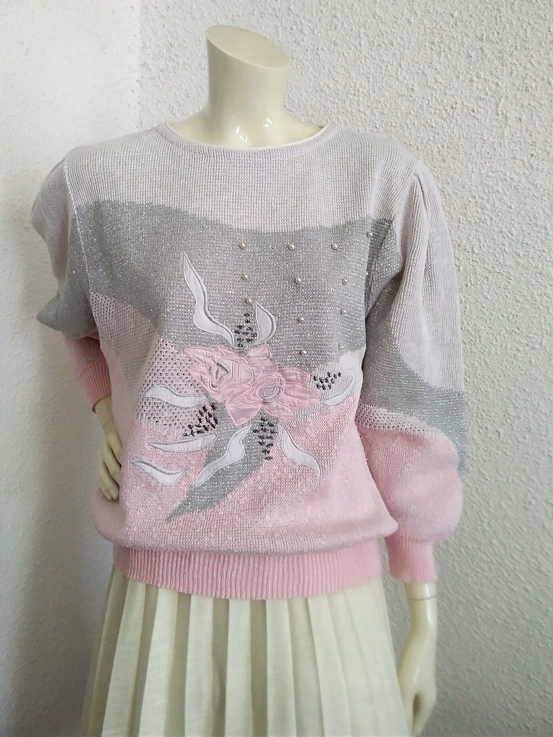 80s Pastel Sweater Shiny Lurex Jumper Puffy Sleeve Beaded - Etsy