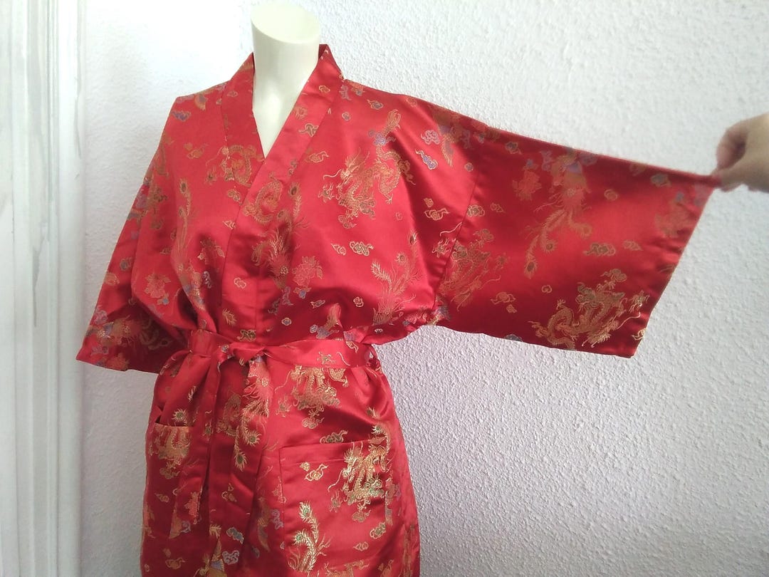 90s Chinese Red Negligee Floral Jacquard Home Dress Wrapped Housecoat ...