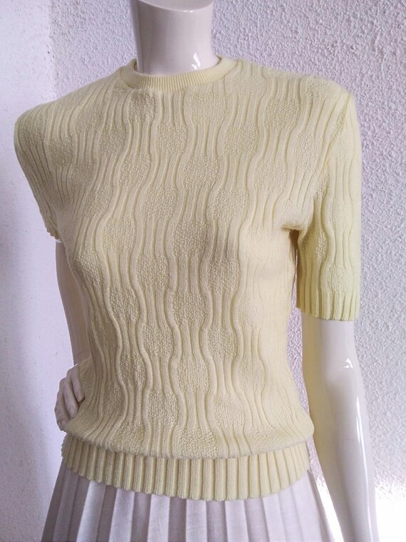 70s retro blouse ribbed top yellow pastel blouse knit… - Gem