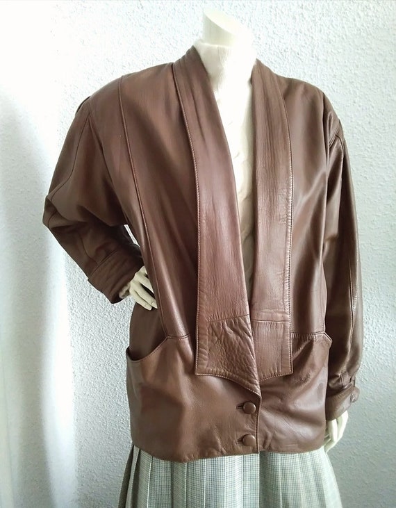 80s leather jacket relaxed fit boxy shape jacket autu… - Gem