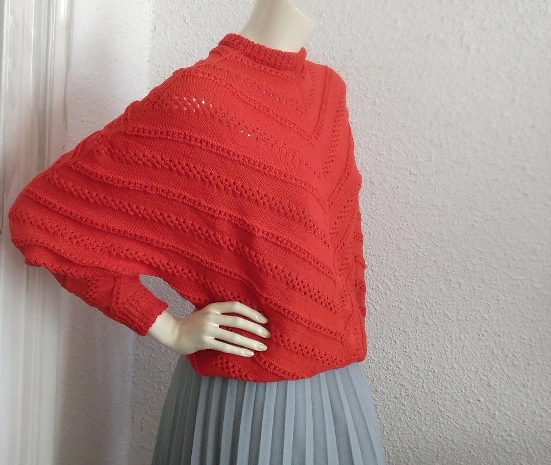 70s Red Sweater Dolman Sleeve Lace Knitted Jumper V-shape Sweater ...