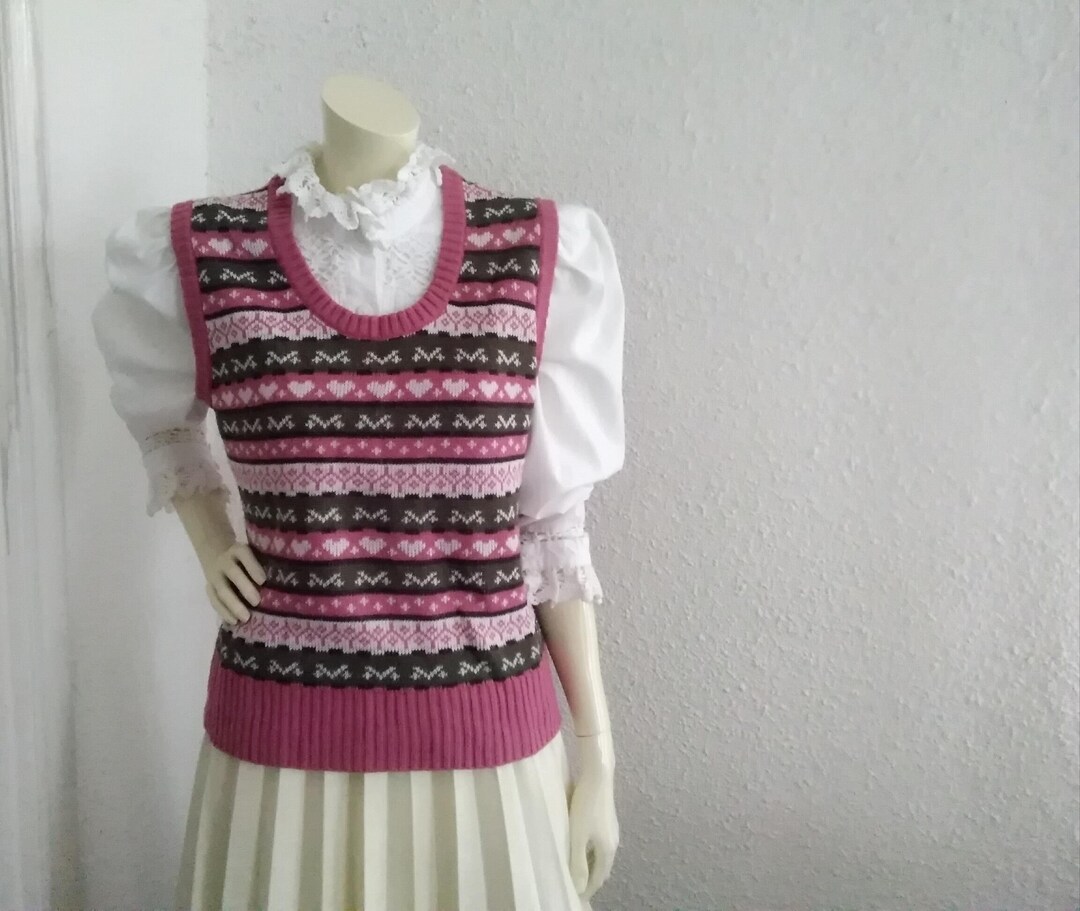 90s Folk Vest Novelty Vest Geometric Pattern Vest Hearts Vest Pink ...