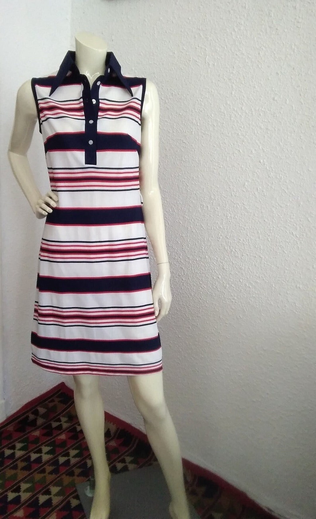 60-70s Mod Dress Nautical Style Dress Striped Dress Dagger Collar Dress ...