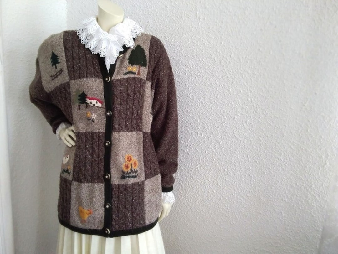 90s Folk Cardigan Scenic Novelty Cardigan Landscape Farm Cardigan L ...