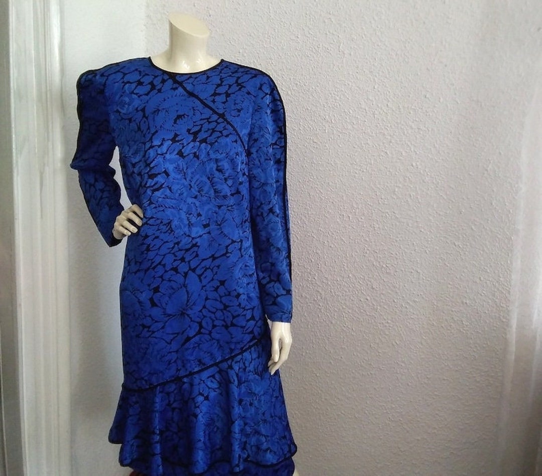 80s Floral Dress Cobalt Blue Jacquard Dress Party Dress 10 US Size FINK ...