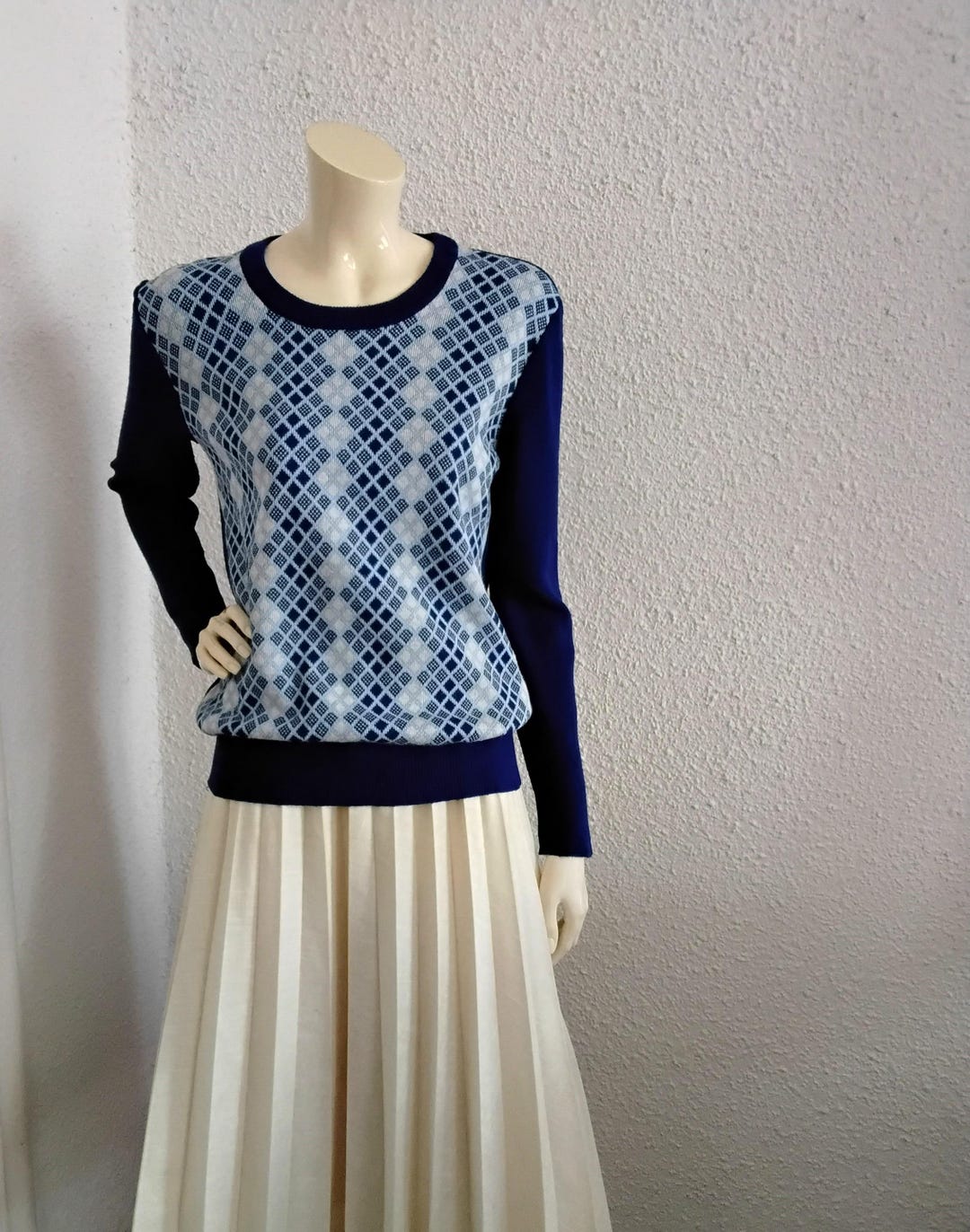 70s Checkered Dark Blue White Sweater Spring Preppy College Jumper ...