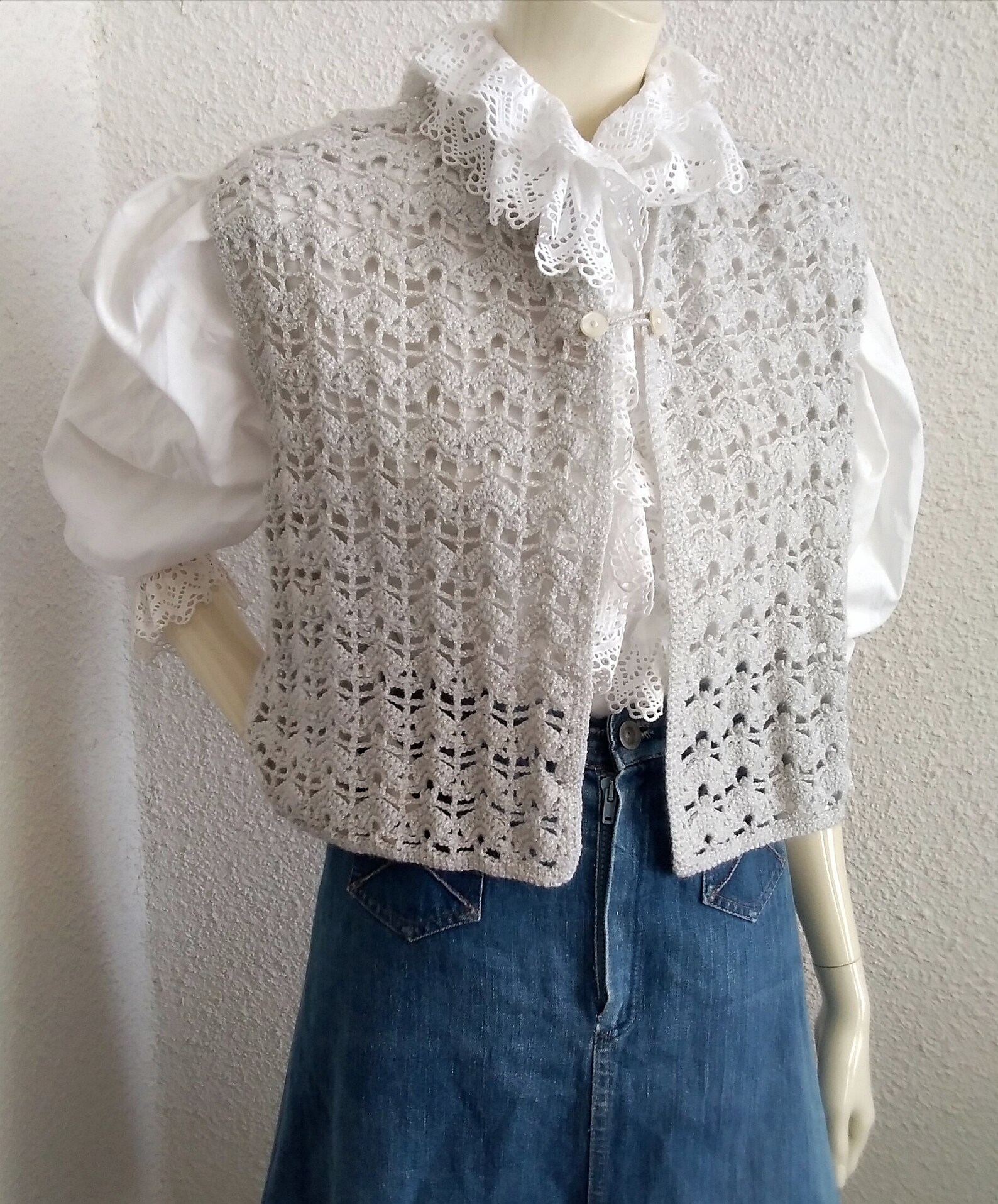60s Crochet Vest Lace Pattern Lurex Vest Bohemian Summer Vest - Etsy