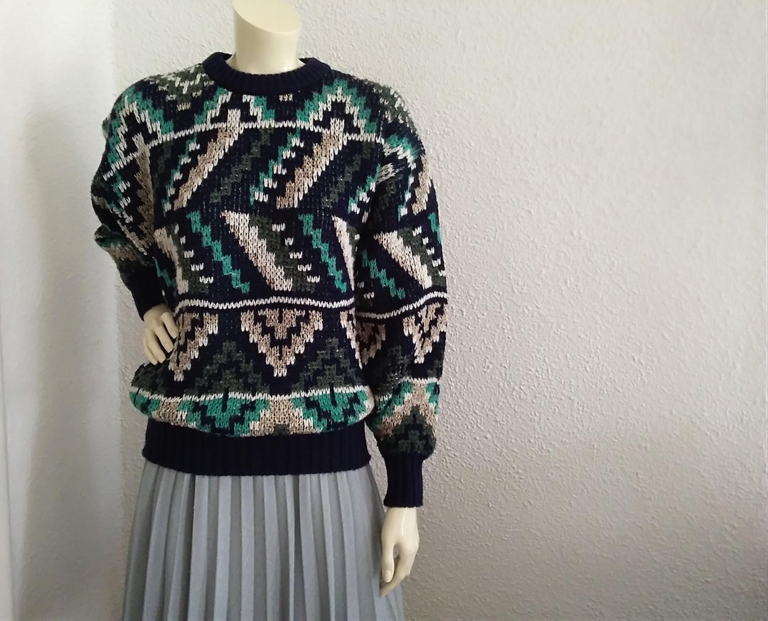 80s DEAD STOCK Men Sweater Crew-neck Winter Sweater Geometric Pattern ...