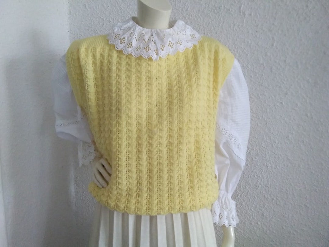 80s Yellow Vest Handknitted Spring Vest Lace Pattern Vest Minimalist ...