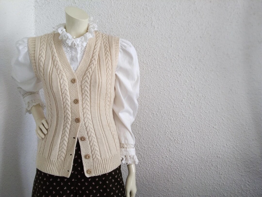 80s Cable Knit Vest Spring Vest Aran Style Vest Torsade Beige Vest V ...