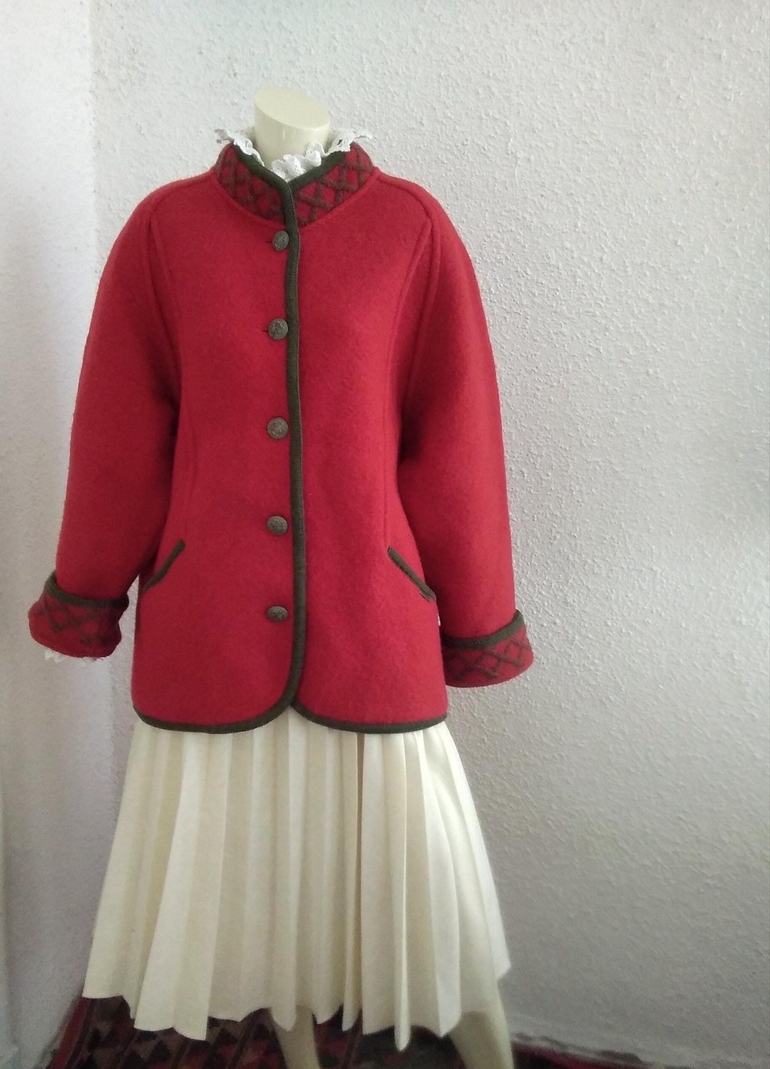 90s Folk Jacket Boiled Wool Trachten Jacket Red Wool Blazer Chunky ...