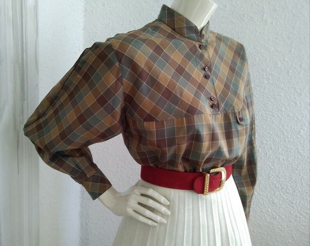 70s Plaid Blouse Size 40 Earthy Tones Blouse Checkered Retro Blouse ...