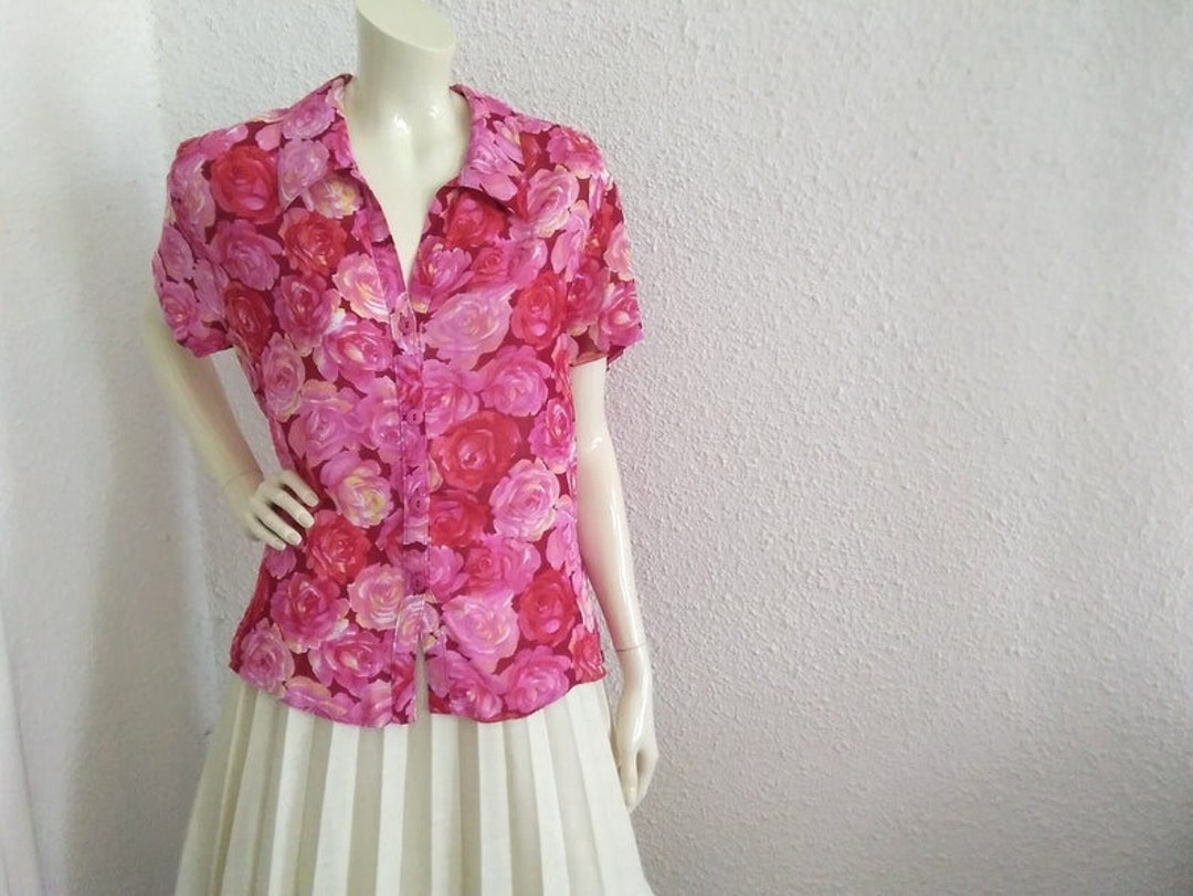 90s Roses Print Blouse Red Pink Floral Blouse V-neck Vivid Colors ...