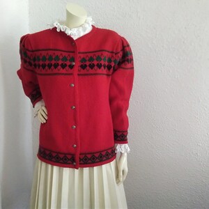 80s Red Folk Cardigan Traditional Peasant Cardigan Puffy Sleeve ...