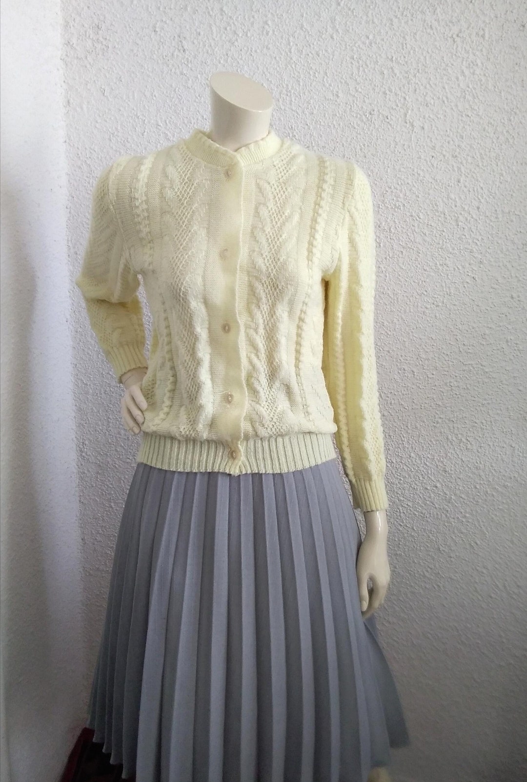 60s Mod Cardigan Pastel Yellow Cardigan Neon Cardigan Cable Knit ...