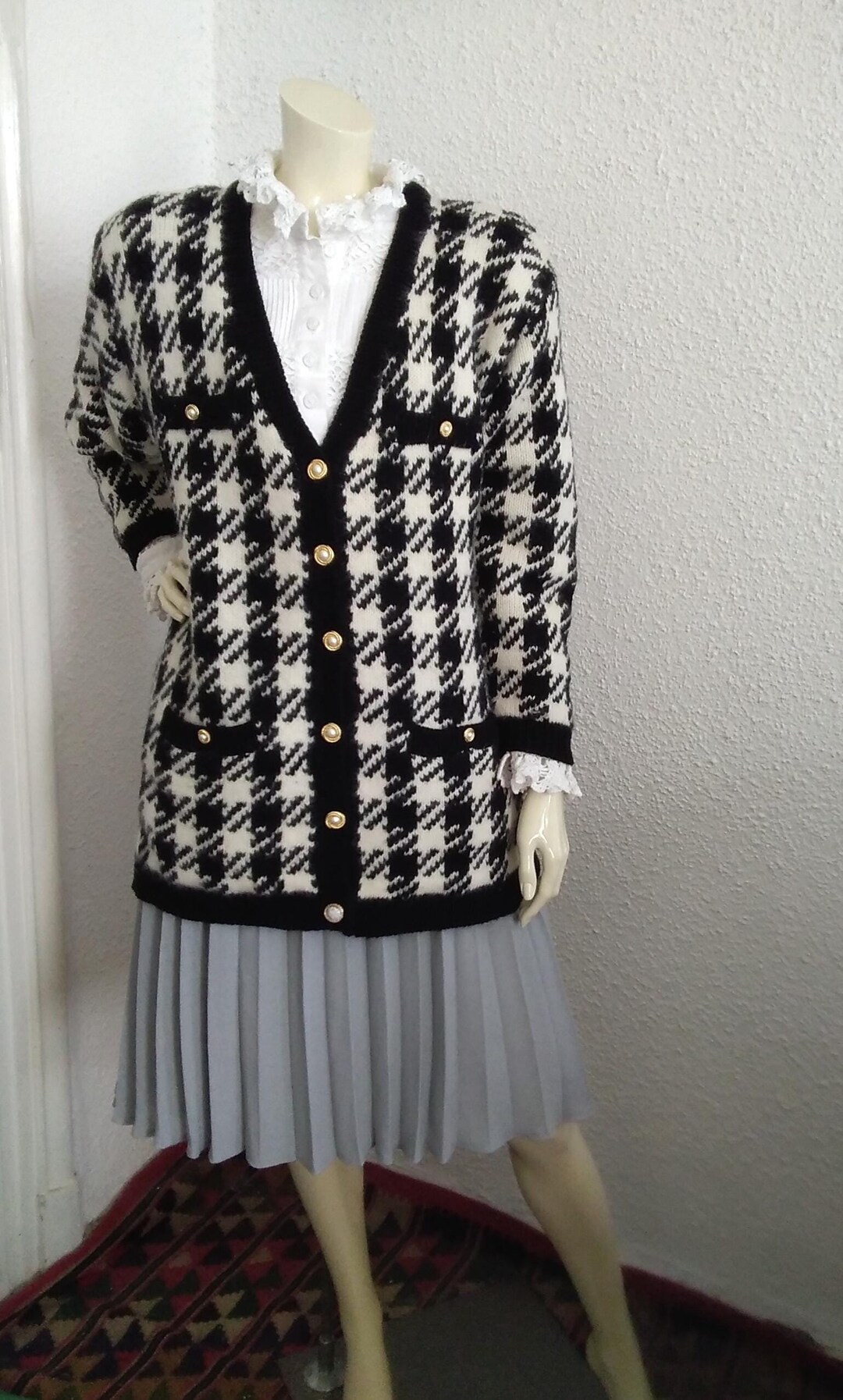 80s Pop-art Cardigan Angora Wool Cardigan 46 Size Houndstooth Long ...