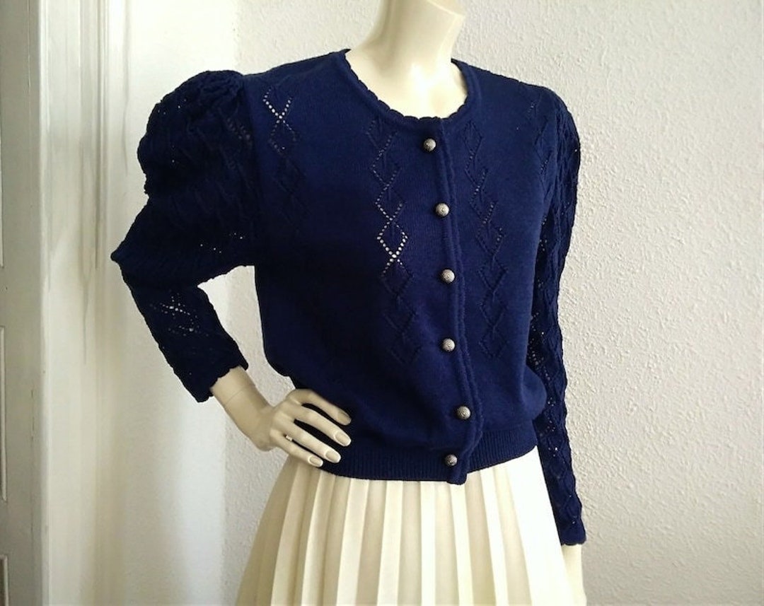 80s Folk Austrian Cardigan Dark Blue Lace Pattern Tyrolean Cardigan ...