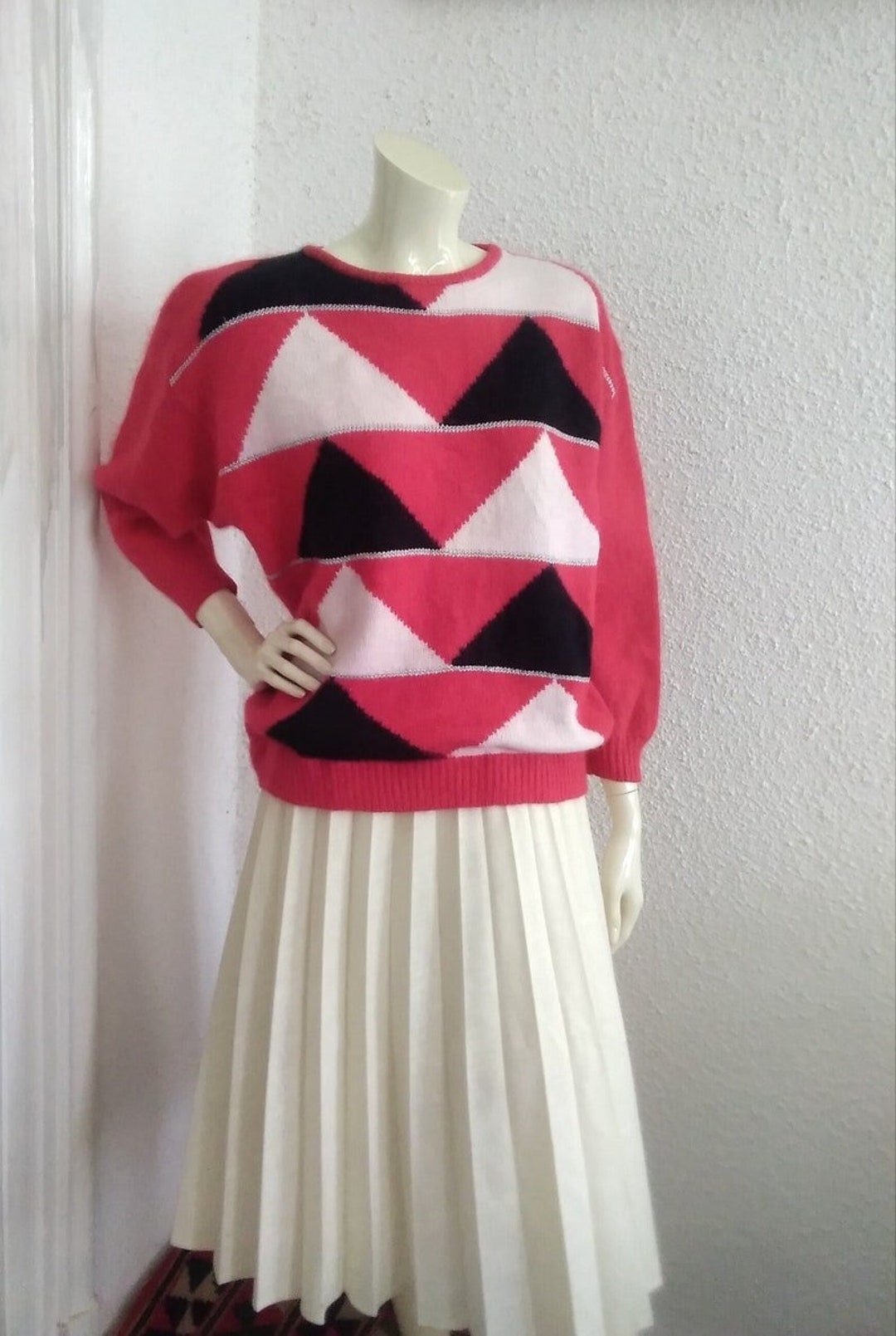 80s Color Block Sweater Pop-art Red Black Sweater Spring Sweater 42 ...
