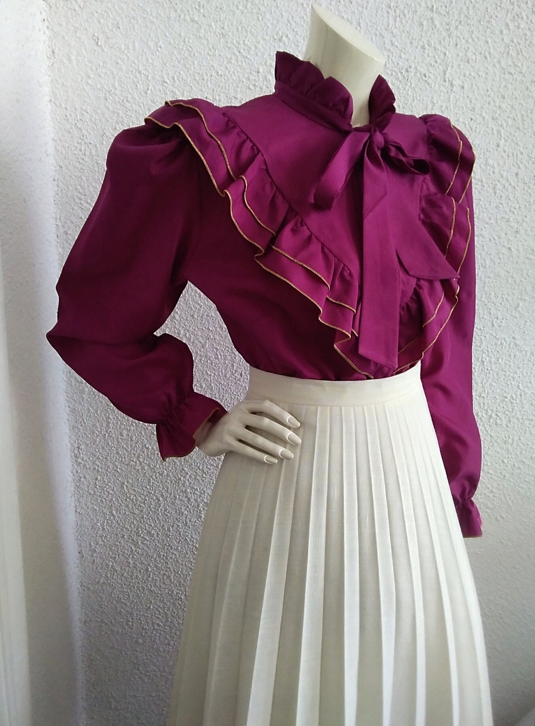 80s iconic blouse tie neck puffy sleeve ruffled spring blouse - Etsy ...