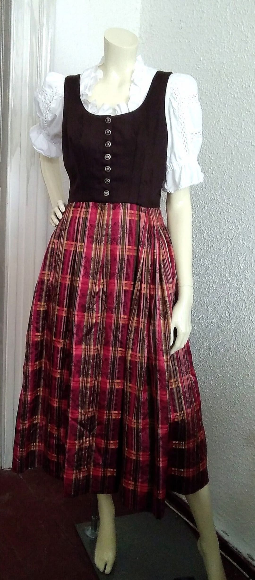 90s Checkered Tyrolean Dirndl Dress Bavarian Oktoberfest Dress 38 Size ...