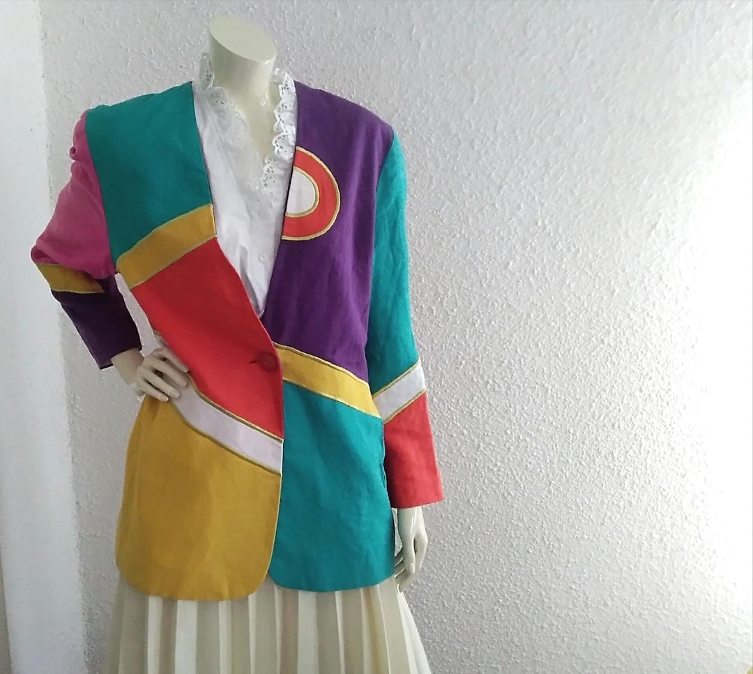 80s Pop-art Blazer Colorful Blazer Color Block Jacket Linen Multicolor ...