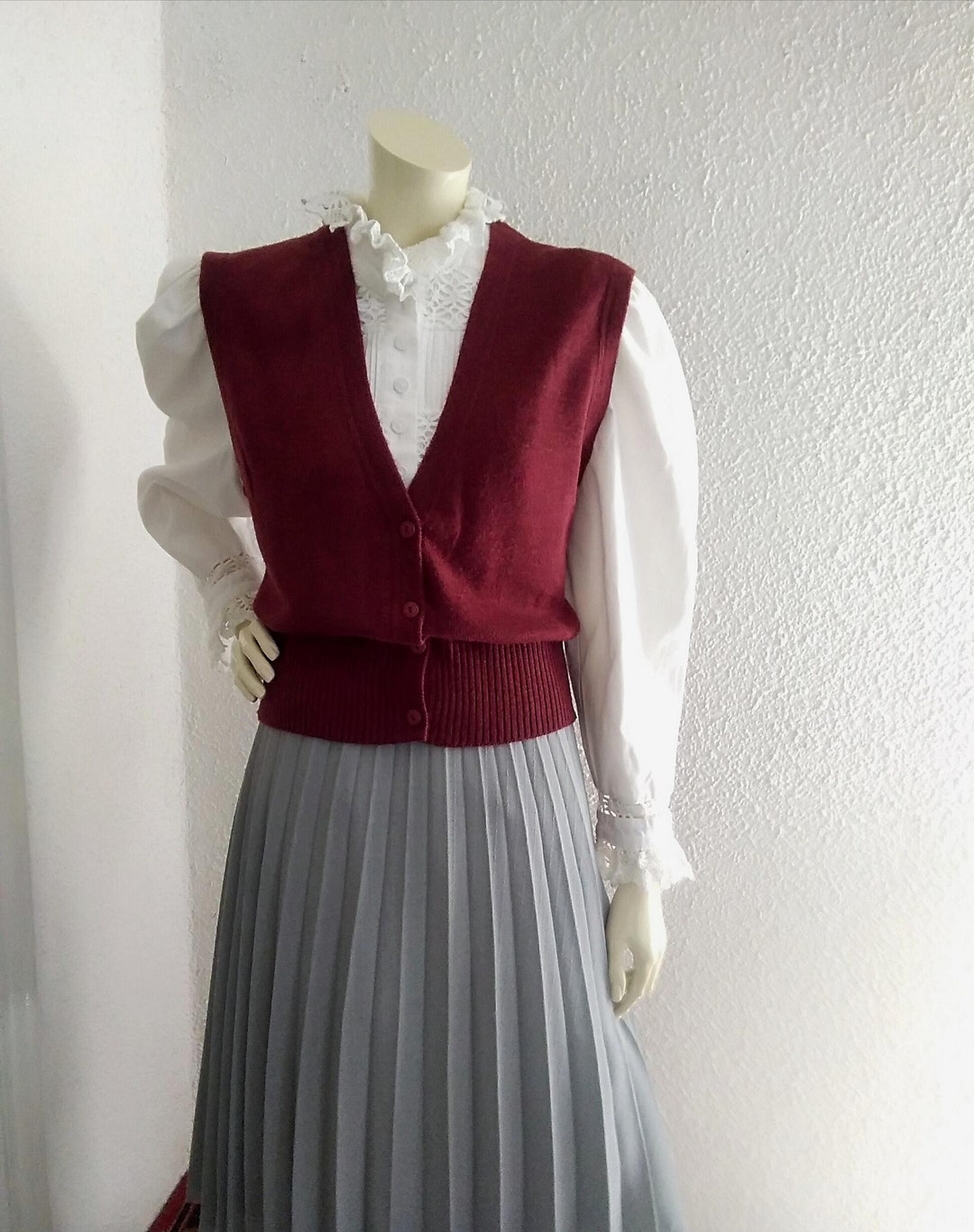 70s Spring Vest Burgundy Vest V-neck Minimalist Vest Dark Red Preppy ...
